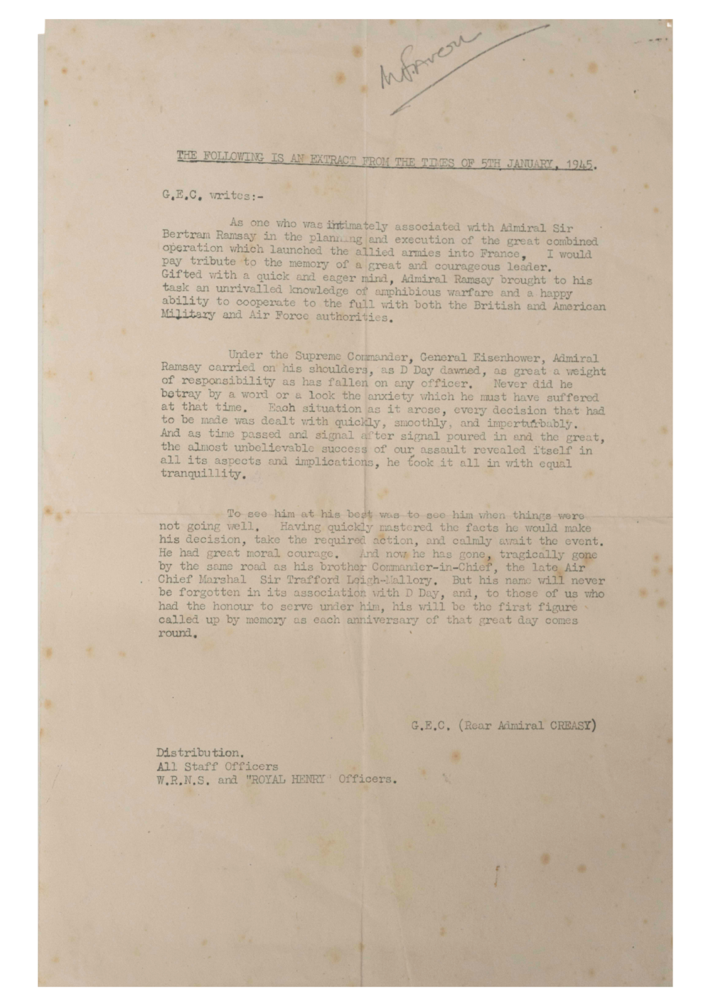 Admiral Ramsay: ‘My Pilot face to face’ - Churchill Archives Centre